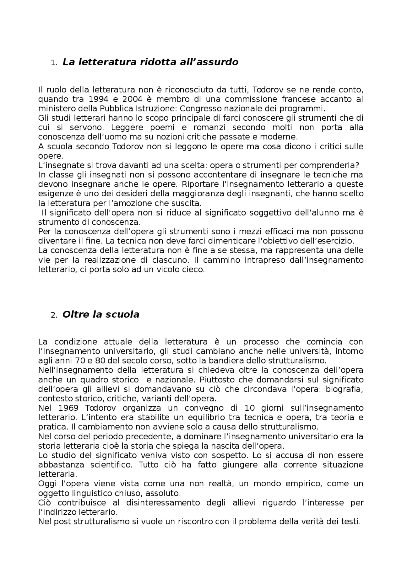 Riassunto La Letteratura In Pericolo Todorov Docsity