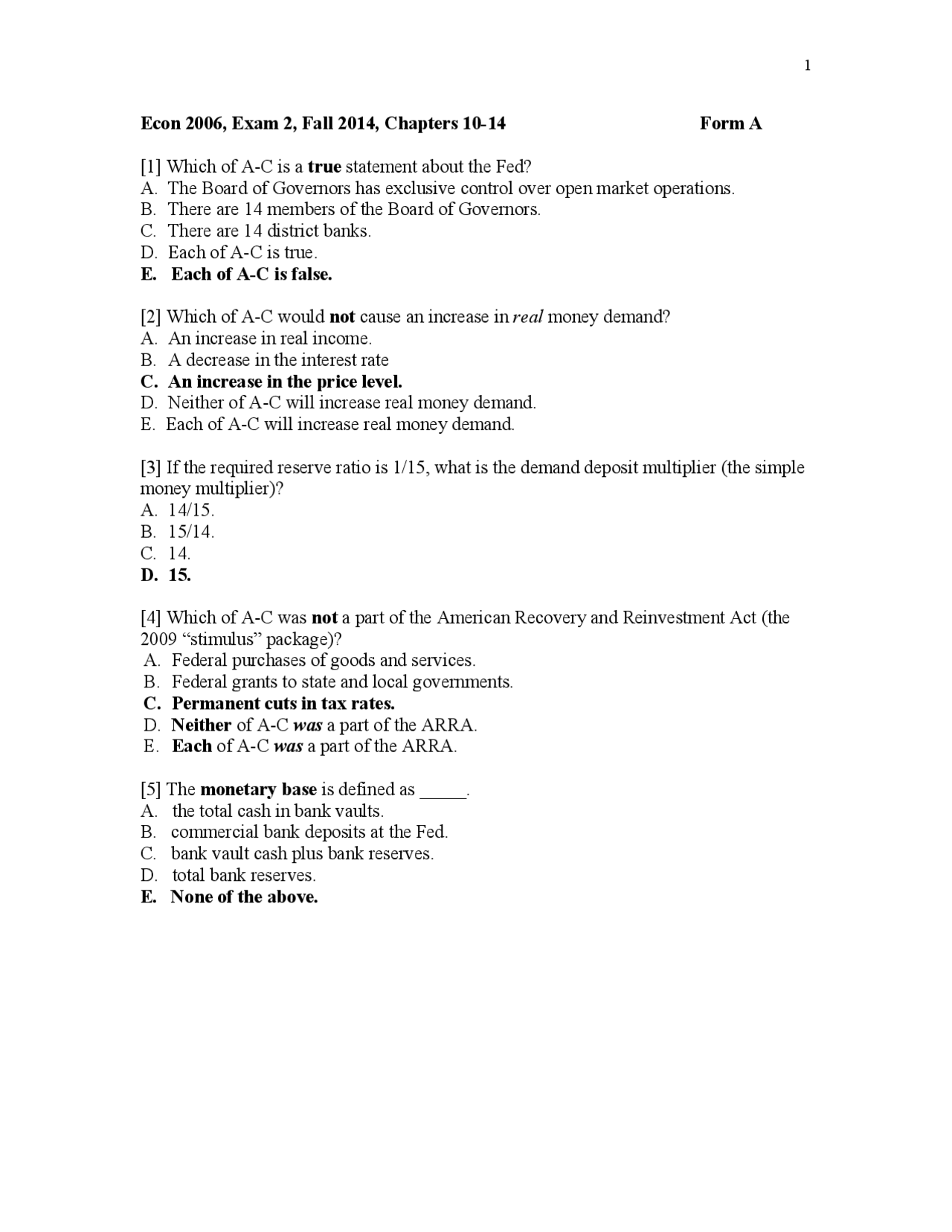 Econ 2006 Exam 2, Fall 2014, Chapters 10-14 - Prof. Richard D. Cothren | Exams Introduction to ...