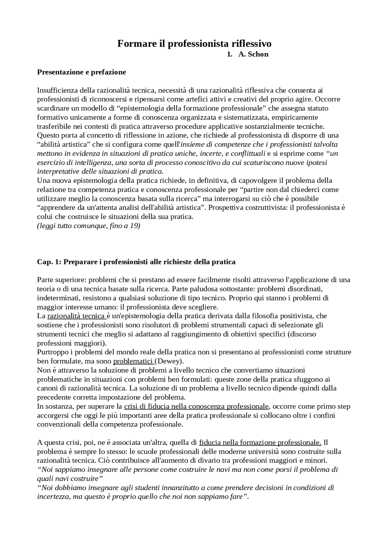 Riassunto Formare il professionista riflessivo - Schon - Docsity