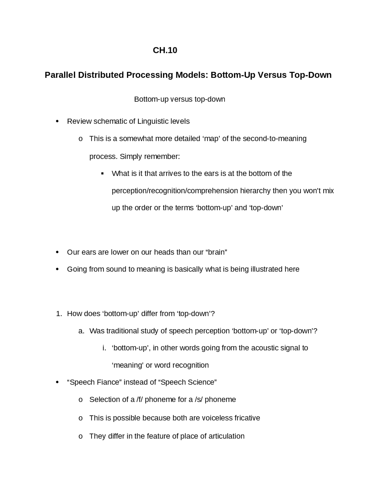 Parallel Distributed Processing Models Bottom Up Versus Top Down Spa 3123 Docsity