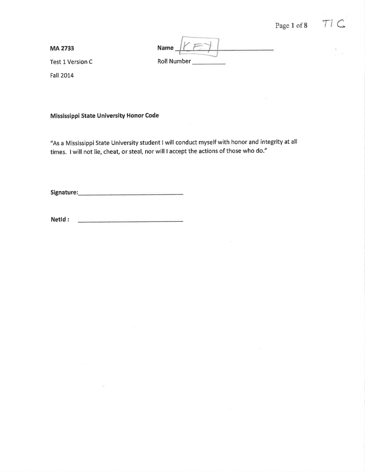 Old Test 1 Version C With Answer Key Calculus Iii Ma 2733 Docsity