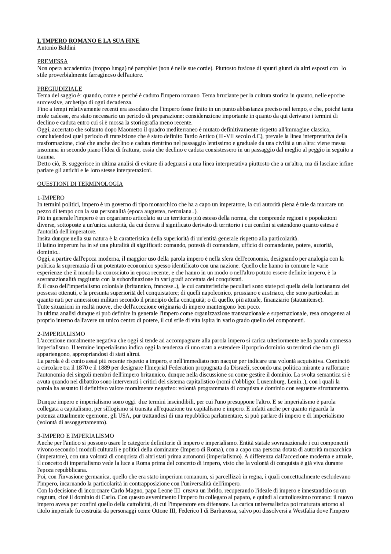 Riassunto Limpero Romano E La Sua Fine Baldini Docsity