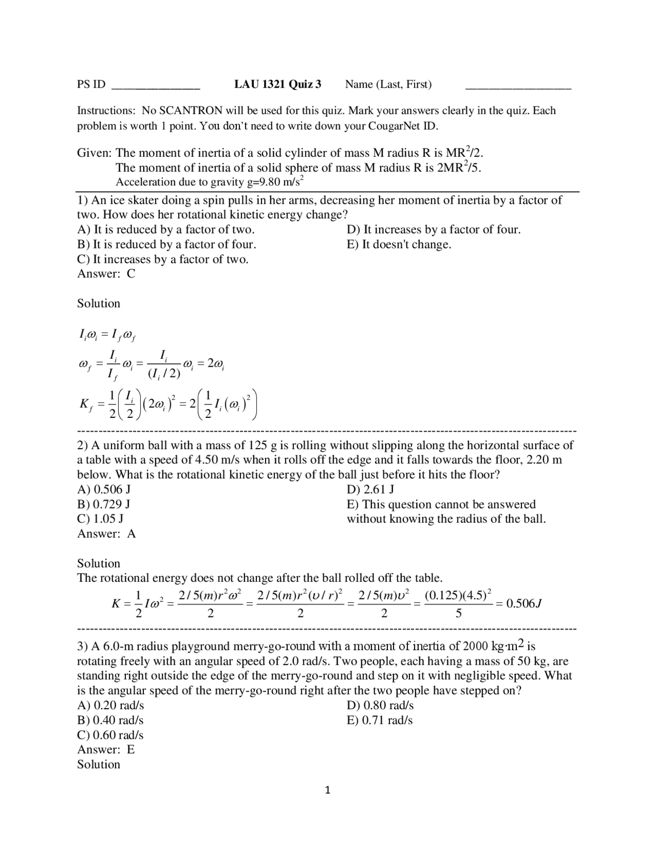 Quiz 3 For University Physics I Phys 1321 Quizzes Physics Docsity