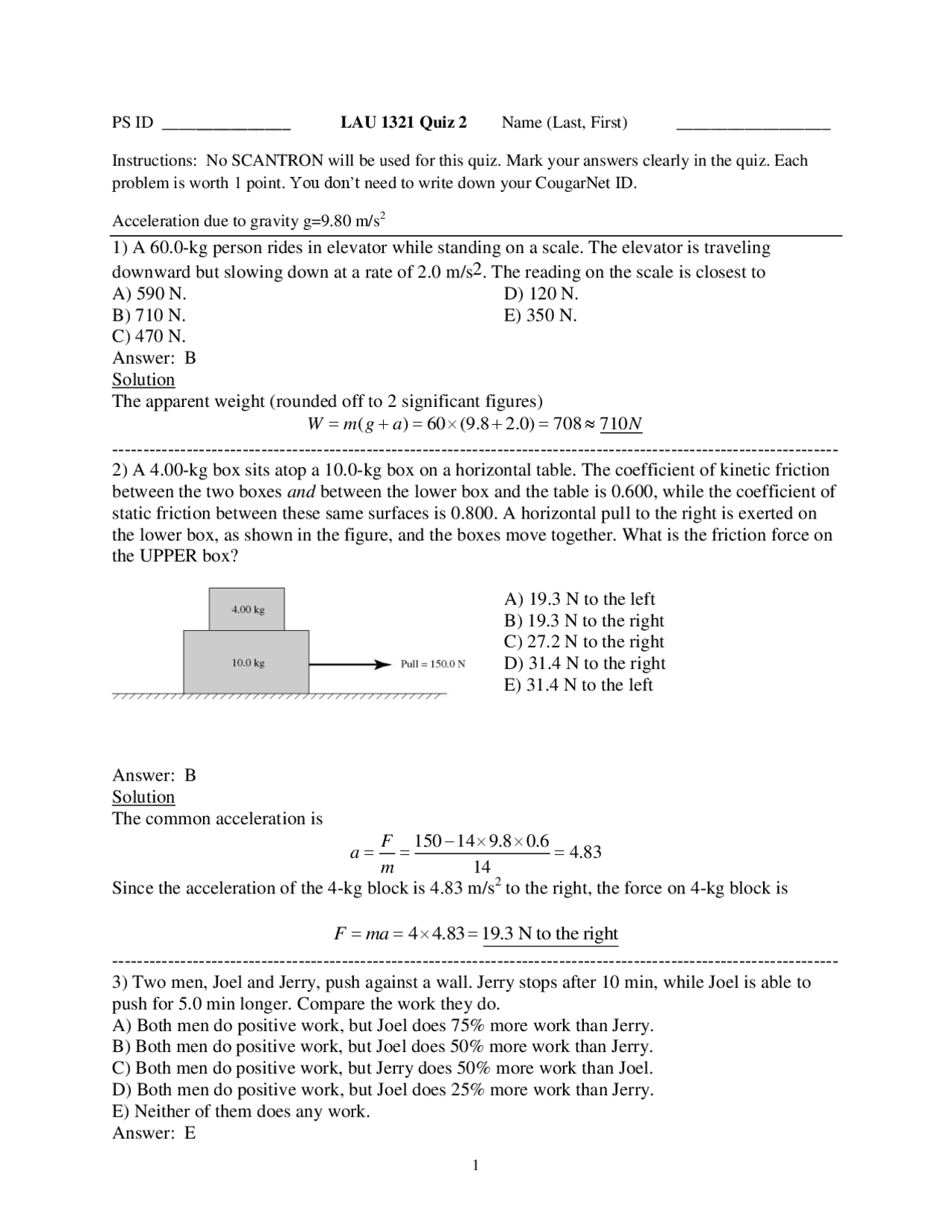 Quiz 2 With Solution Key For University Mathematics Phys 1321 Docsity