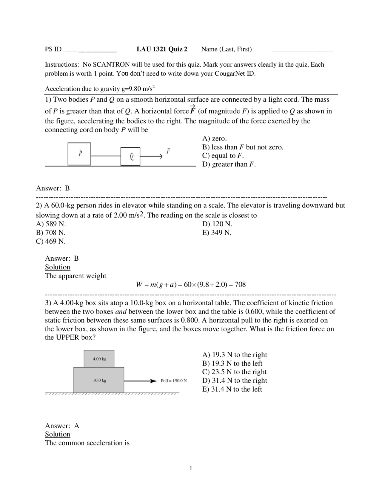 Solution of Quiz 2 - University Physics I | PHYS 1321 - Docsity