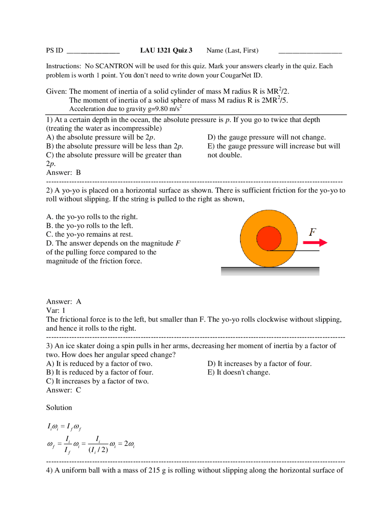 University Physics I - Quiz 3 Solutions | PHYS 1321 - Docsity