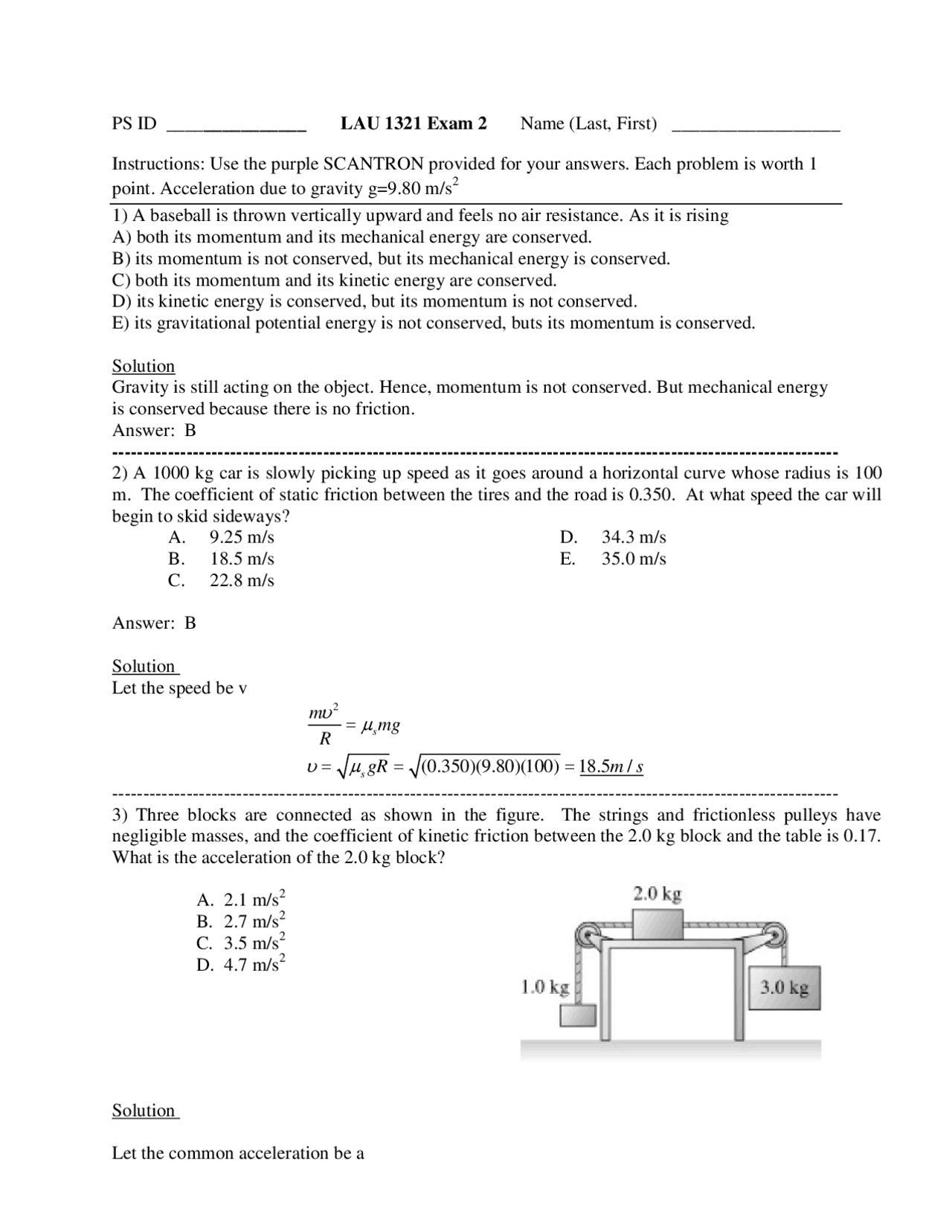 Solved Problems on Introduction to Physics - Exam 2 | PHYS 1321 - Docsity