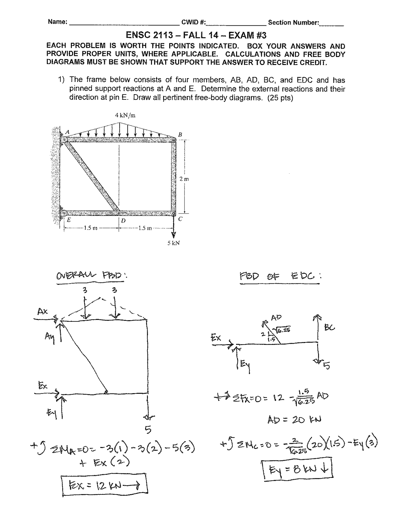 Exam 3 With Solutions Statics 2014 Ensc 2113 Docsity