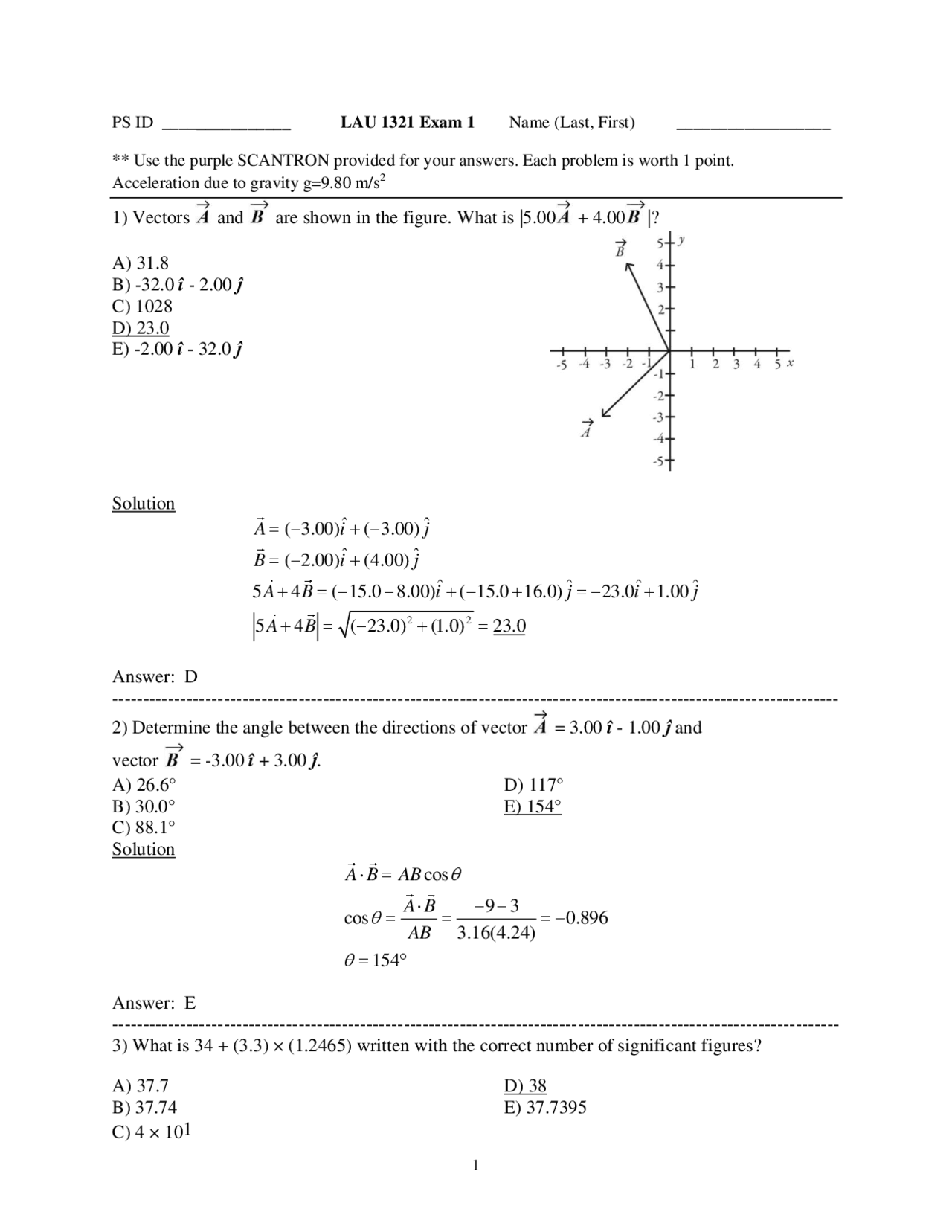 Midterm Exam 1 with Answer Key - University Physics I | PHYS 1321 - Docsity