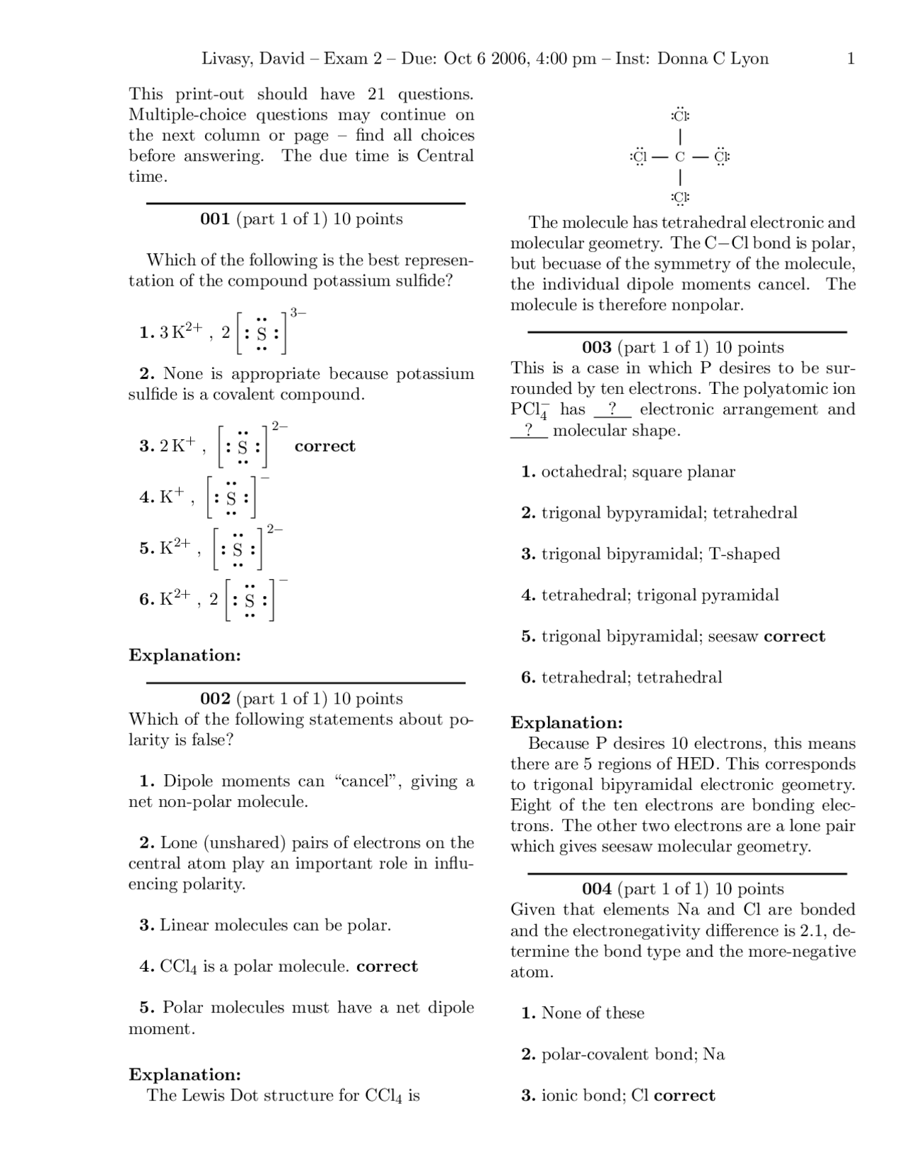 Answer To Exam 2 Questions Principles Of Chemistry I Ch 301 Docsity