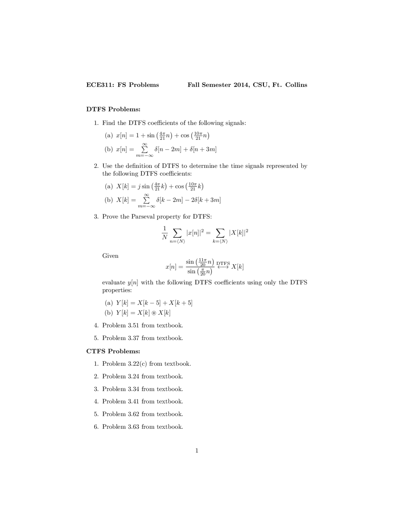 Fourier Series Practice Linear System Analysis I Ece 311 Docsity