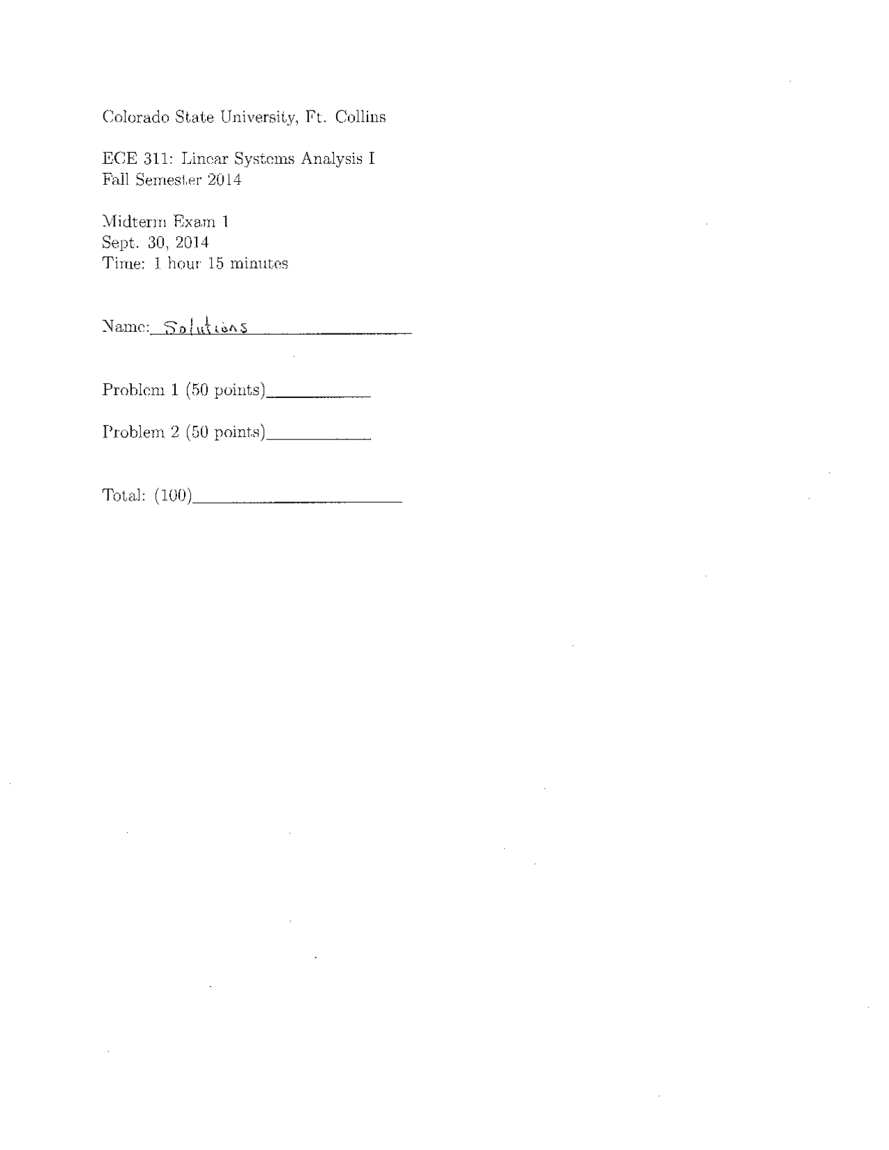 Midterm Exam 1 Solutions Linear System Analysis I Ece 311 Docsity
