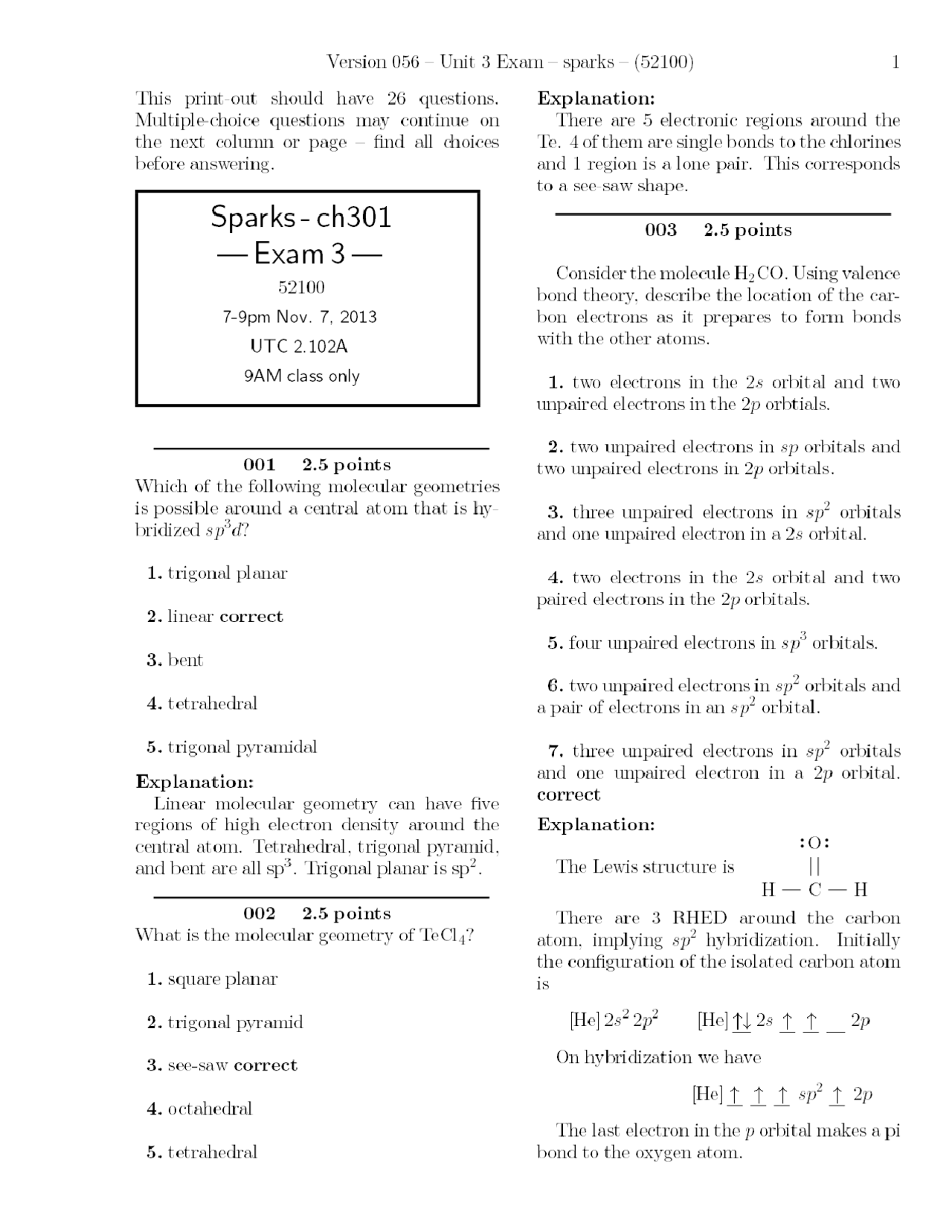 Unit 3 Exam With Resolution Principles Of Chemistry I Ch 301 Docsity