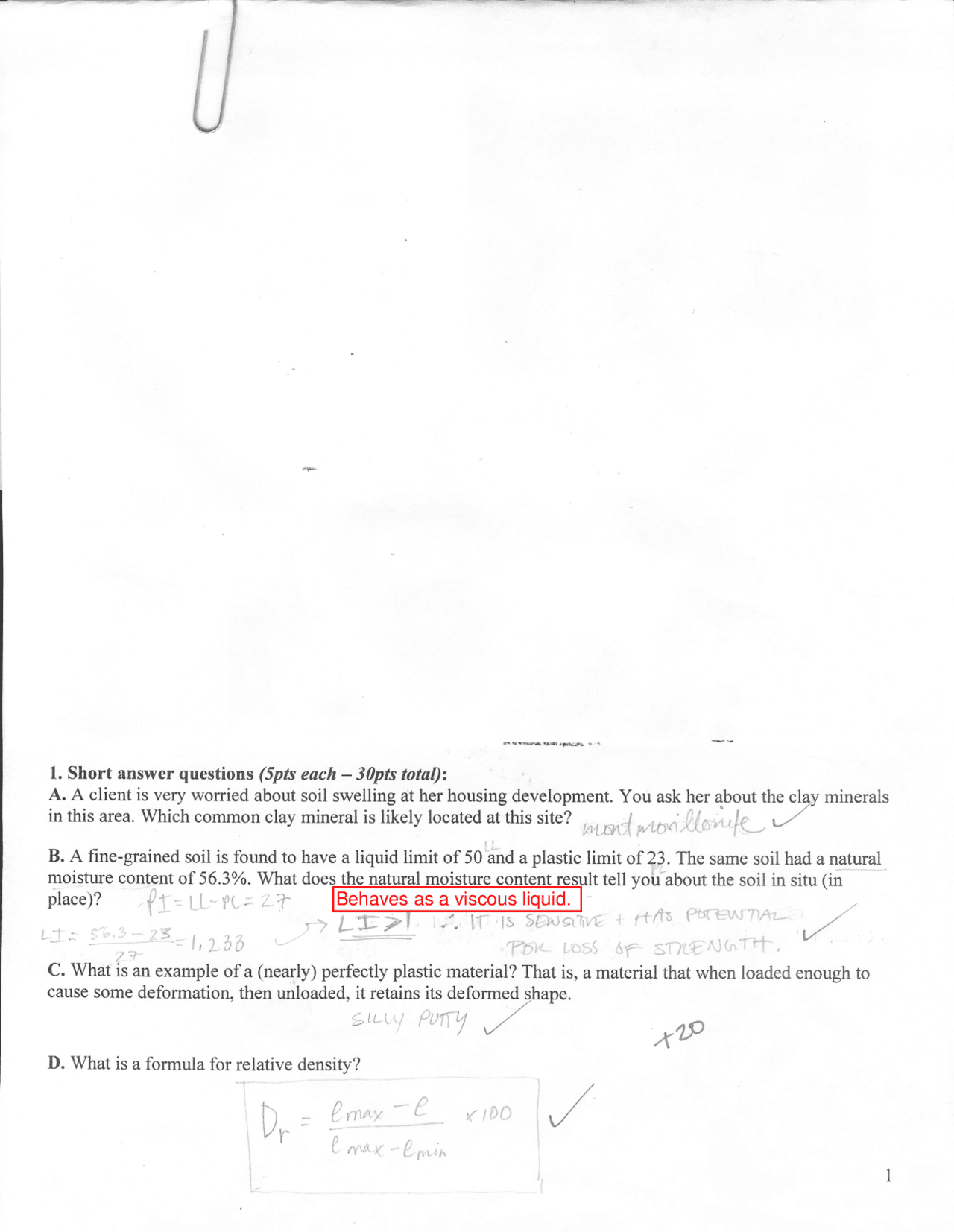 Exam 1 With Solution Introduction To Geotechnical Engineering Civl