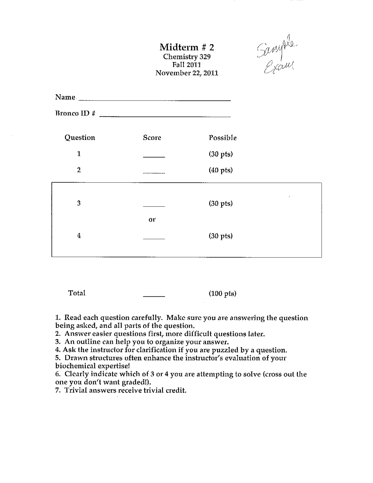 Sample Midterm Exam 2 - Biochemistry - Fall 2011 | CHM 329 - Docsity