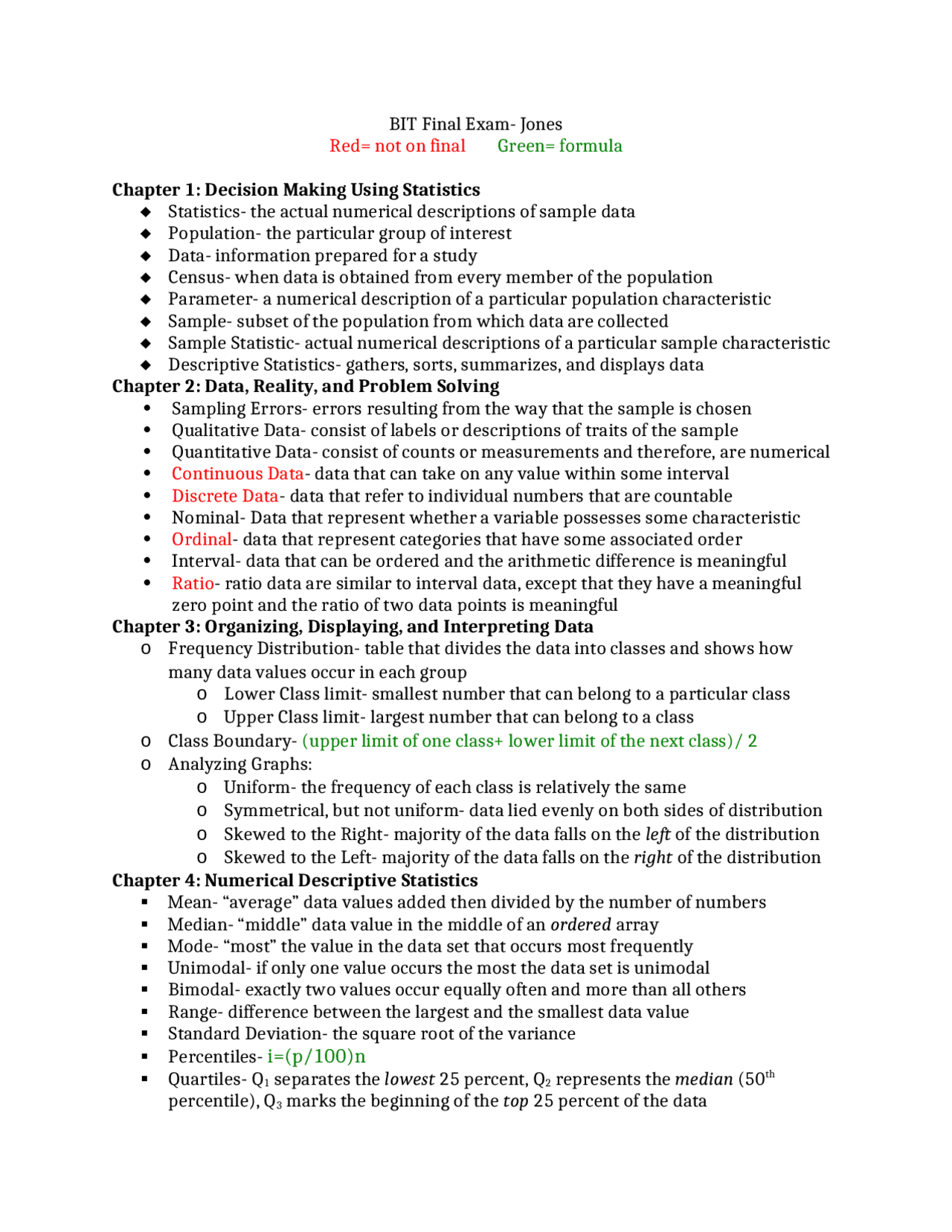 Final Exam Review For Quantitative Methods Bit 2405 Docsity