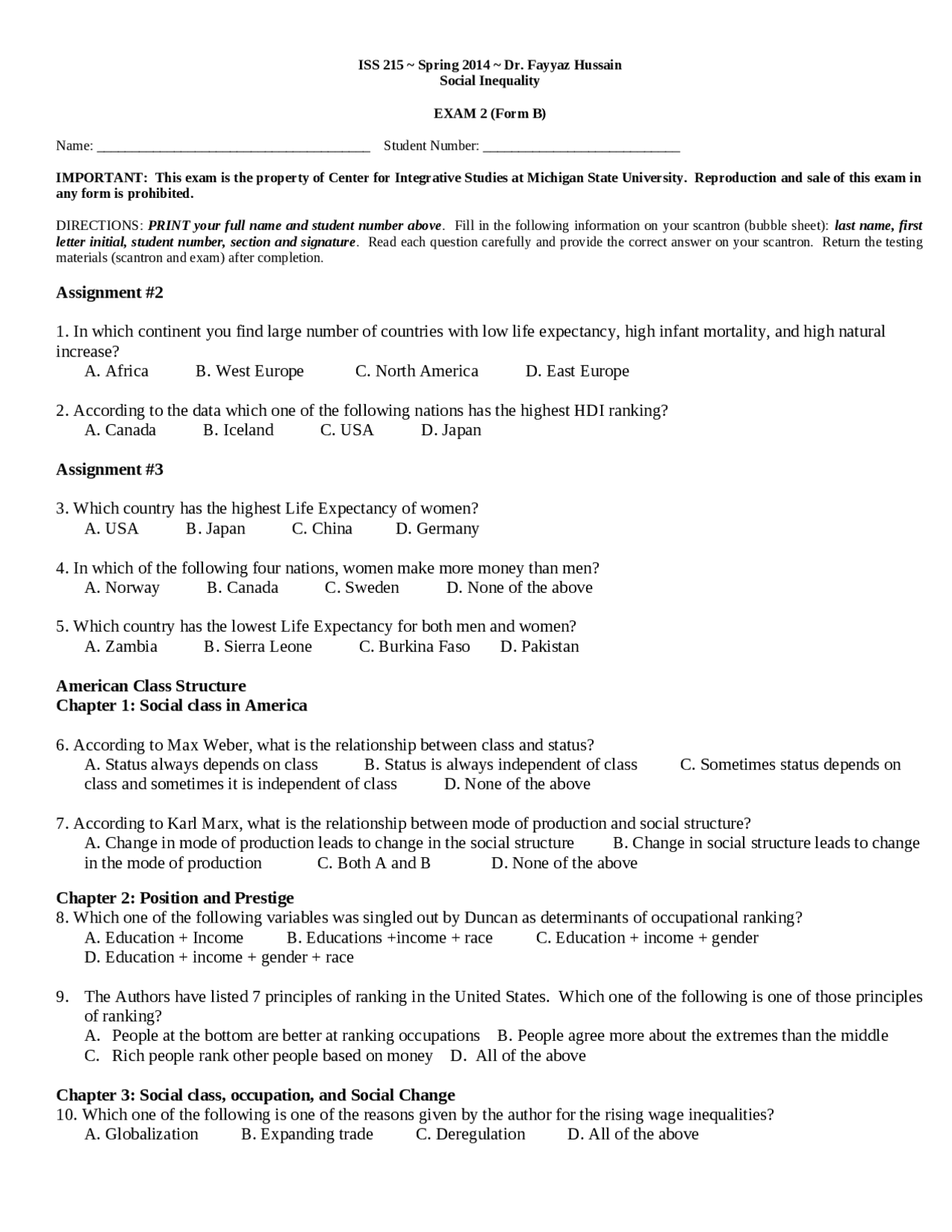 Test II Questions - Social Differentiation and Inequality - Spring 2014 ...