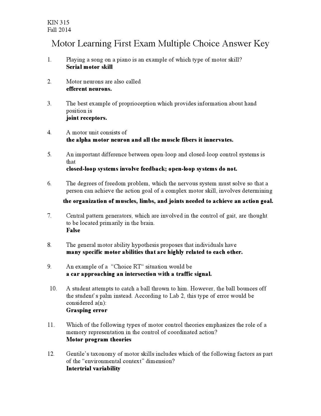 Exam 1 Answer Key | Motor Learning | KIN 315 - Docsity