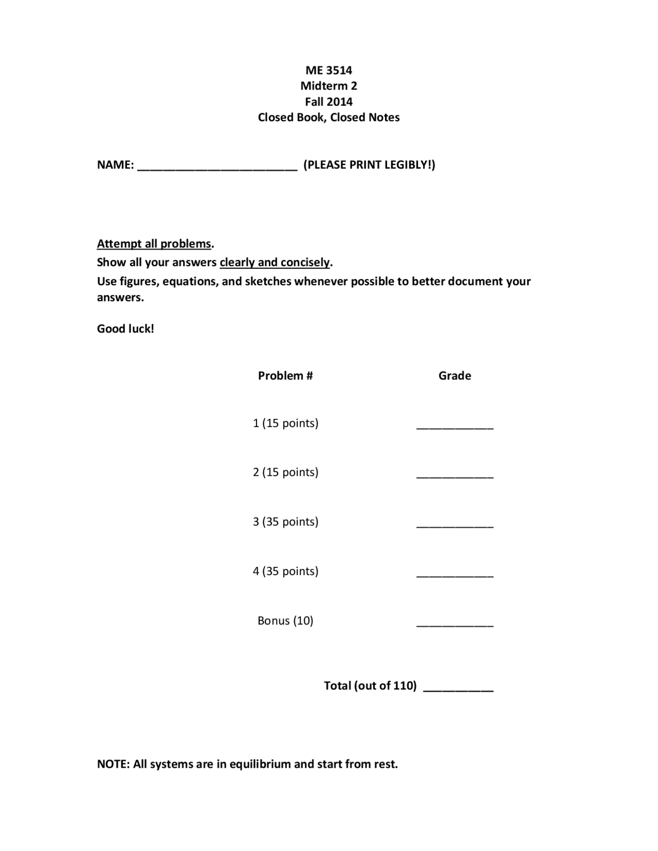 System Dynamics Midterm Paper 2014 Me 3514 Docsity