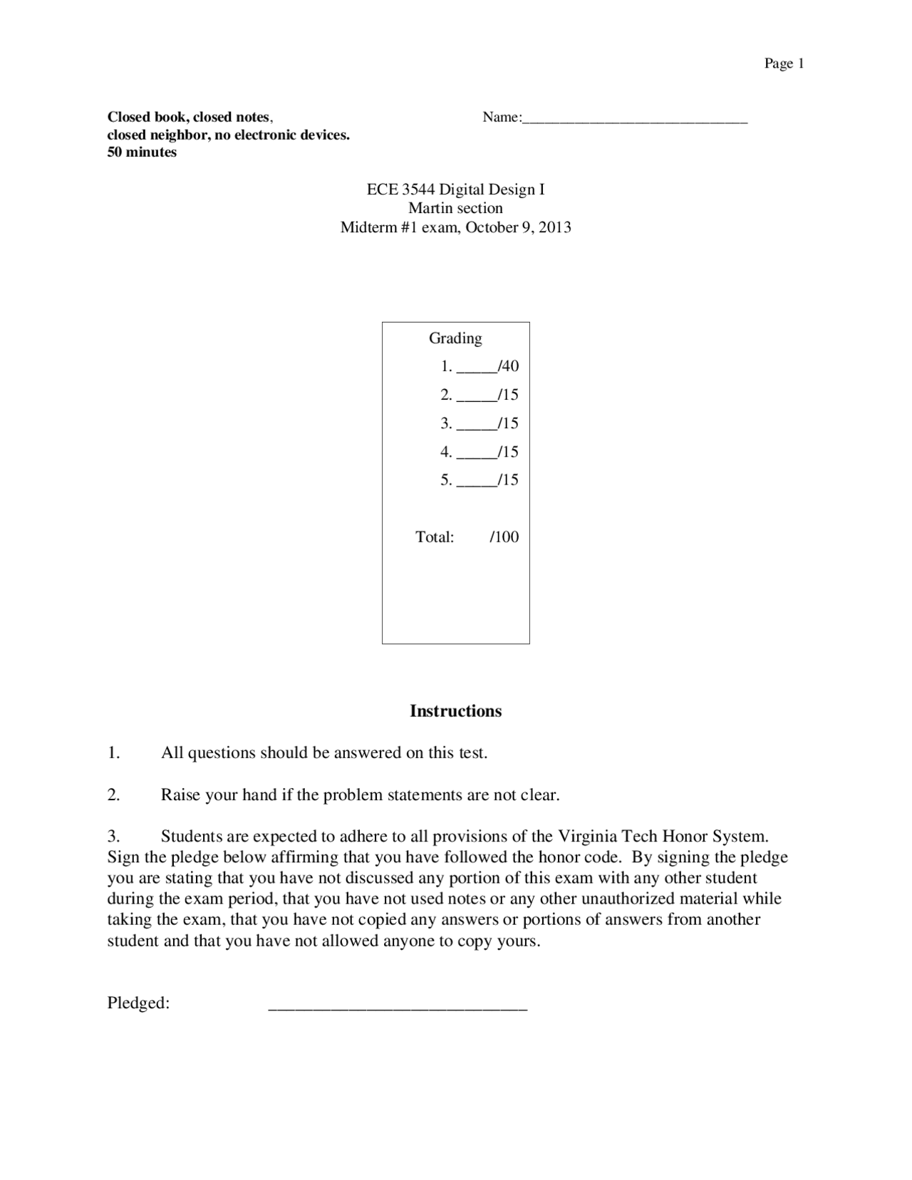 Midterm Exam For Digital Design I Ece 3544 Docsity
