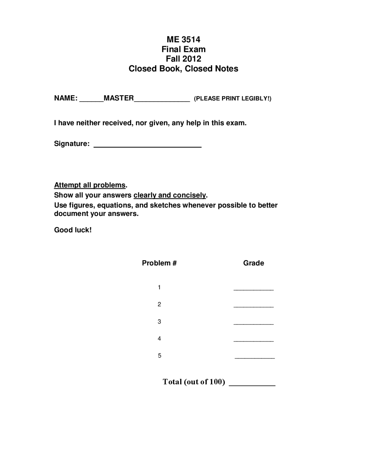 Final Exam Resolution - System Dynamics - Fall 2012 | ME 3514 - Docsity