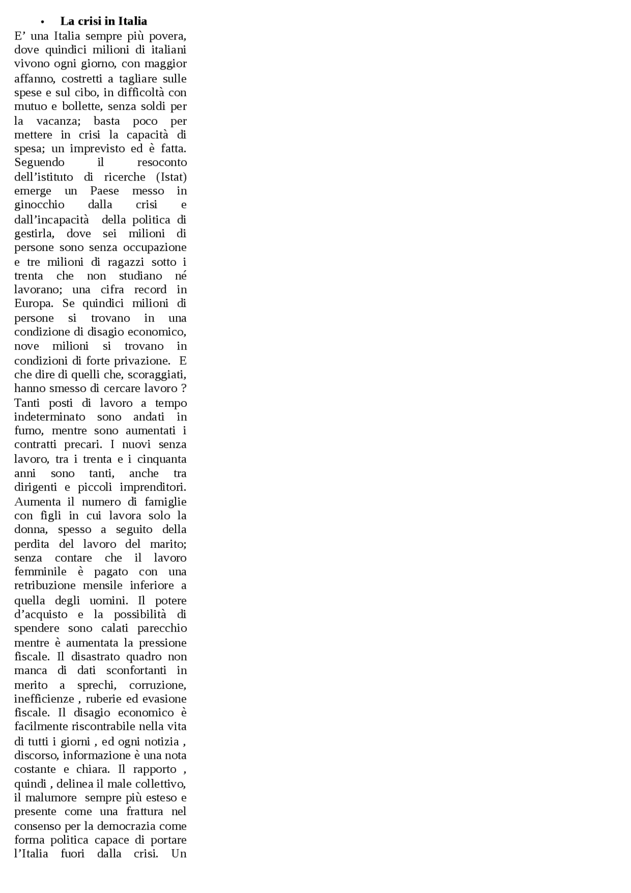 La crisi in italia - Docsity