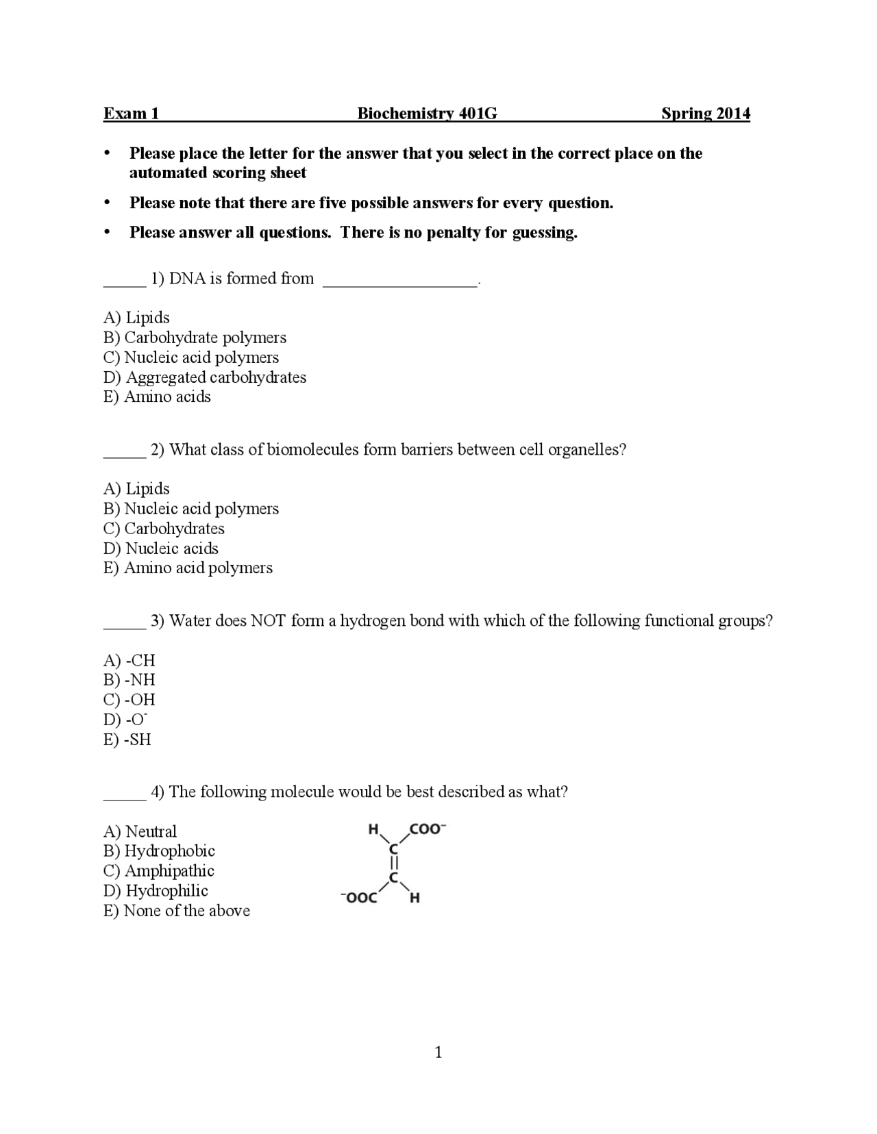Exam I MCQs for Fundamental of Biochemistry | BCH 401G - Docsity