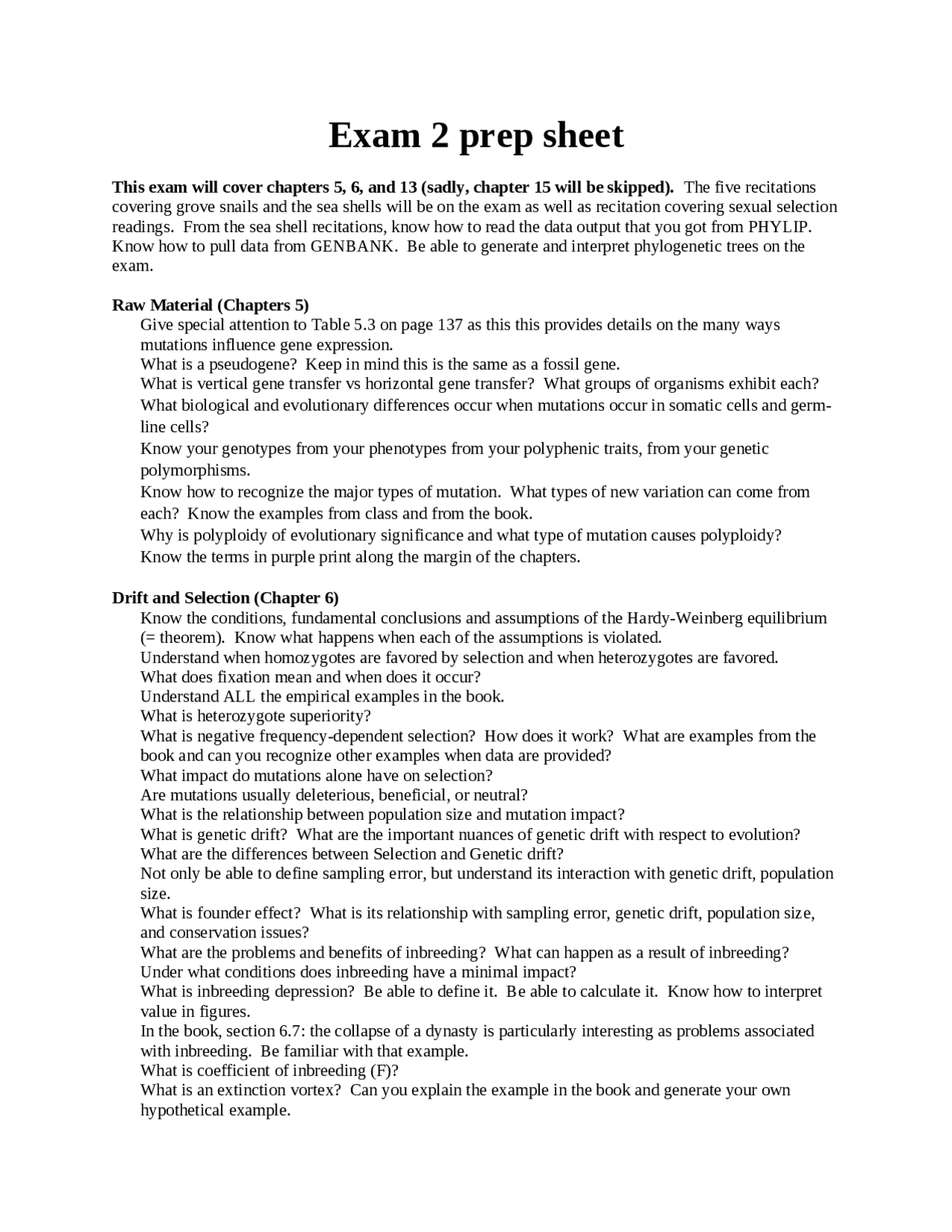 Exam 2 Study Guide - Introduction to Evolution | BIO 303 - Docsity