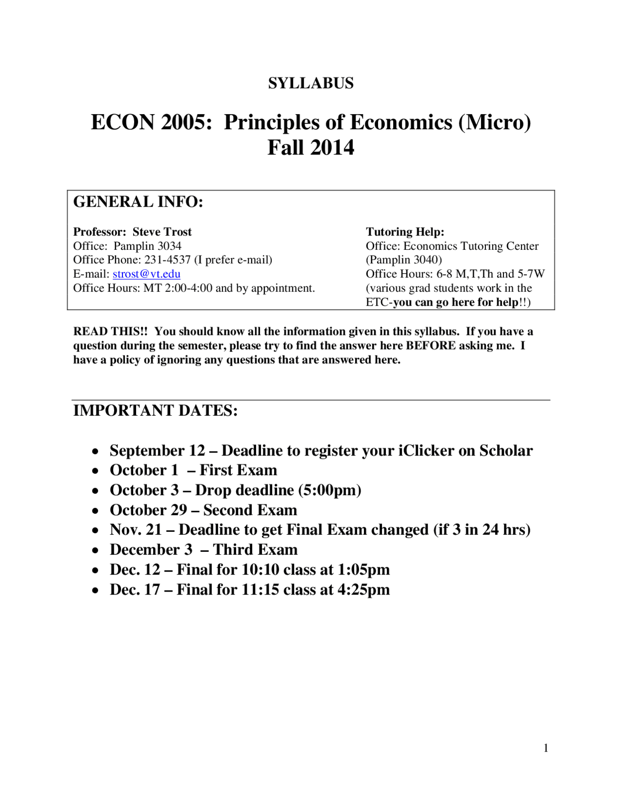 Syllabus Principles Of Microeconomics Class Handout Econ 2005 Docsity