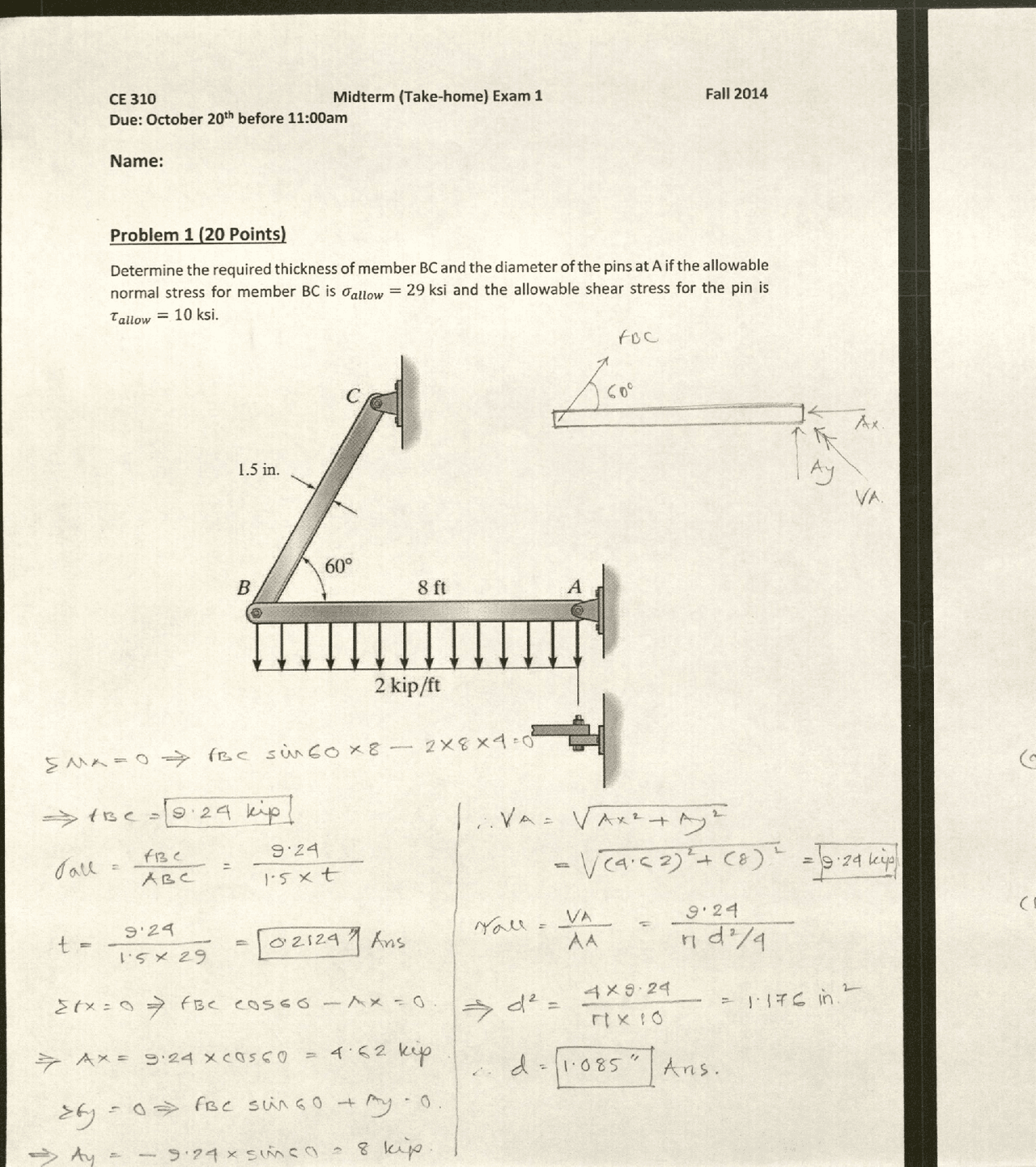Midterm Exam 1 with Answer Key - Strength of Materials | CE 310 | Exams Civil Engineering | Docsity