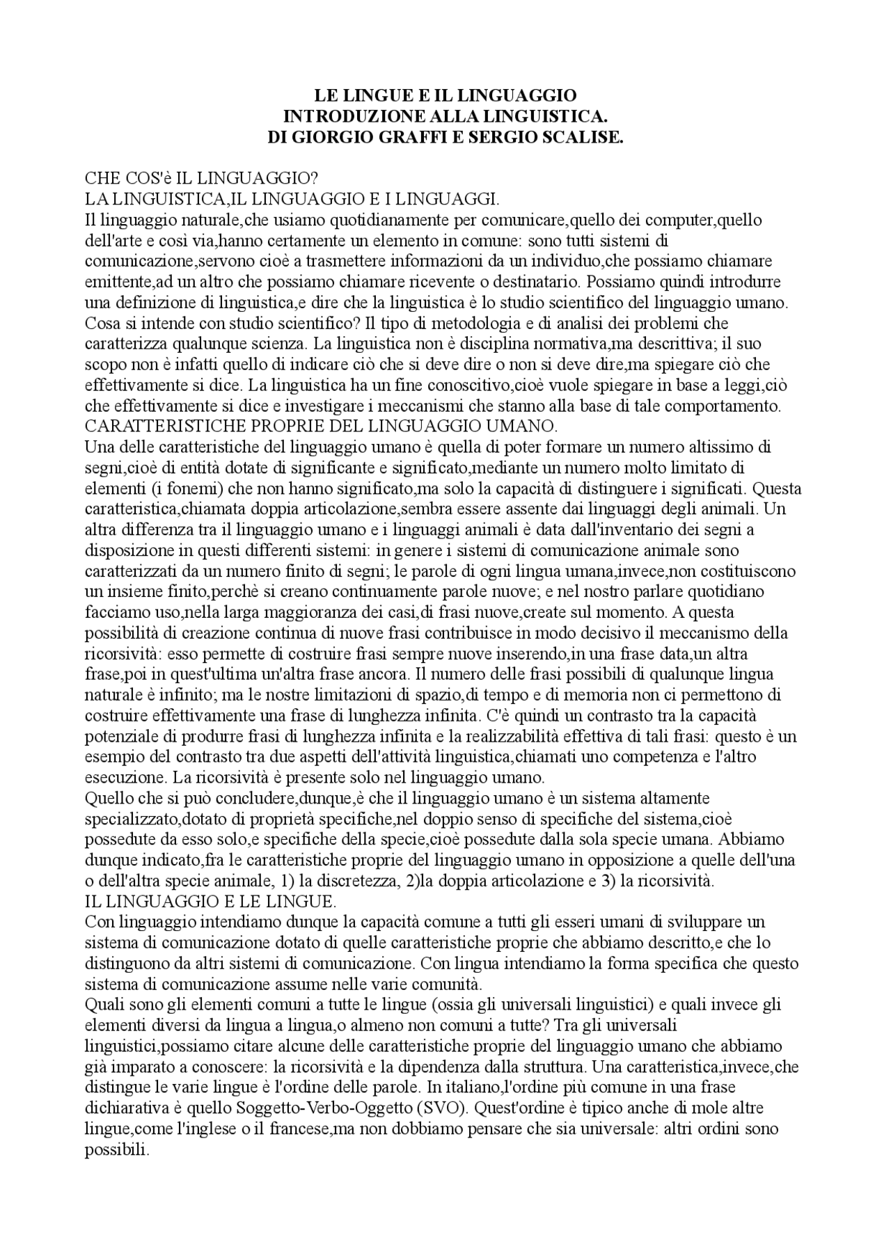Riassunto Le Lingue E Il Linguaggio Graffi Scalise Docsity