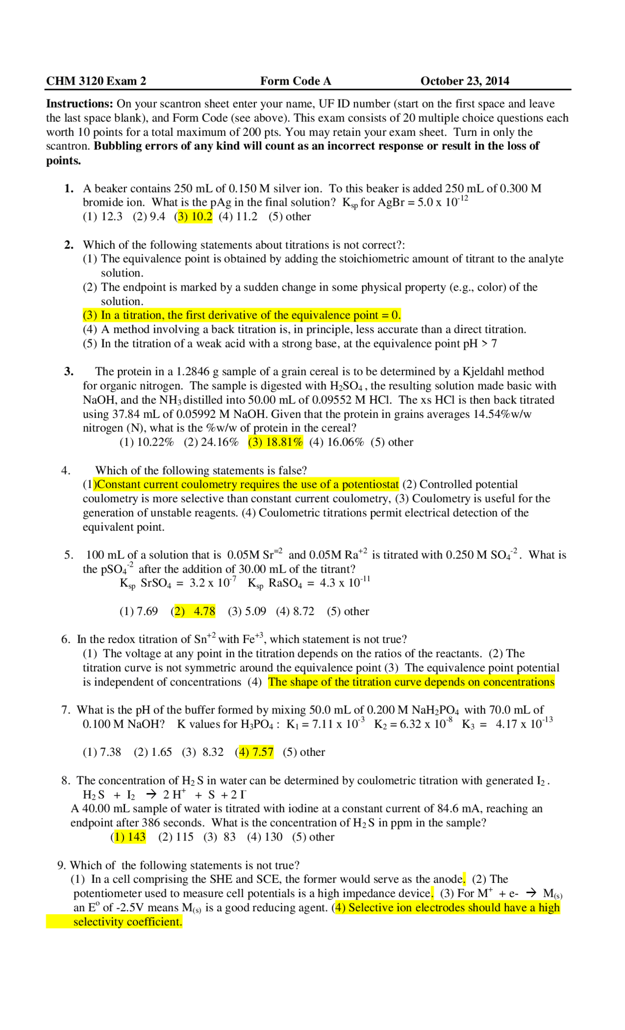 Exam 2 From A With Solution Introduction To Analytical Chemistry