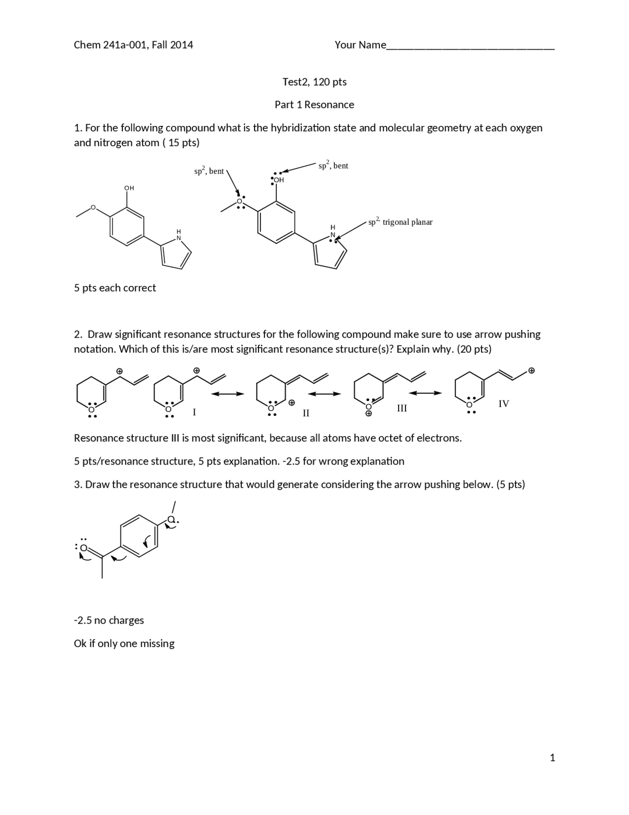Questions on Resonance in Organic Chemistry - Exam 2 | CHEM 241A - Docsity