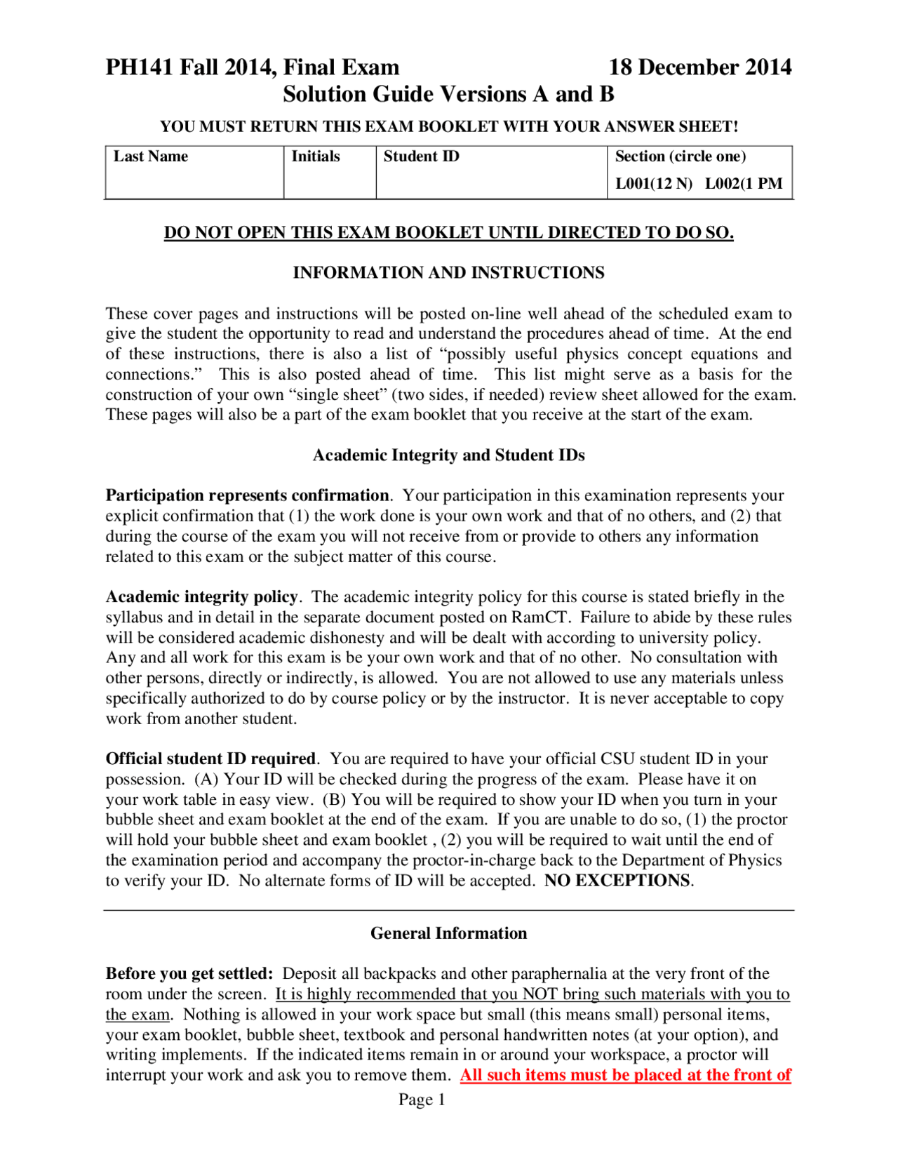 Final Exam Solution Guide Physics For Scientists And Engineers I Ph