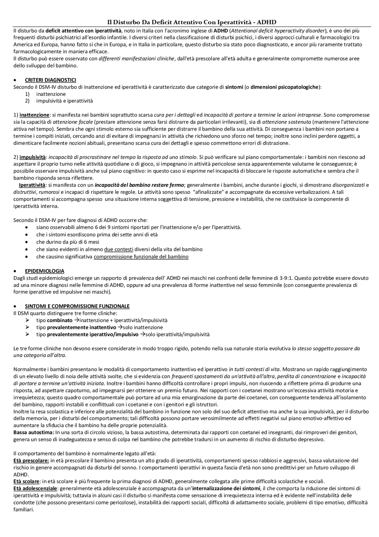 Appunti Sui Disturbi Cognitivi In Età Evolutiva Docsity