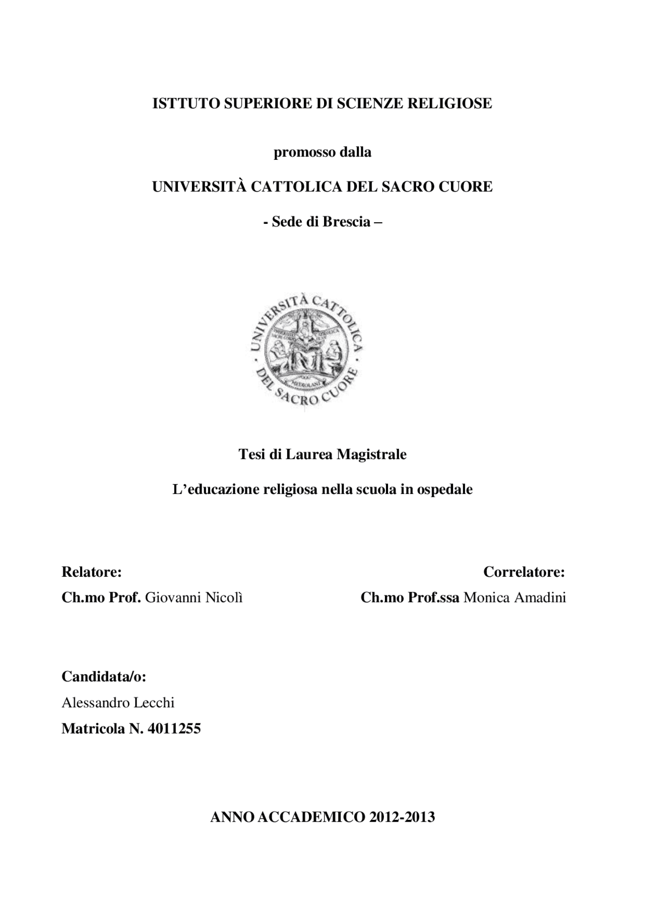 Educazione Religiosa Nella Scuola In Ospedale Docsity