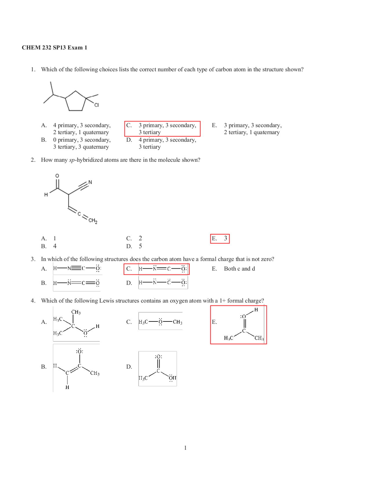 Elementary Organic Chemistry I - Exam 1 with Solutions | CHEM 232 - Docsity
