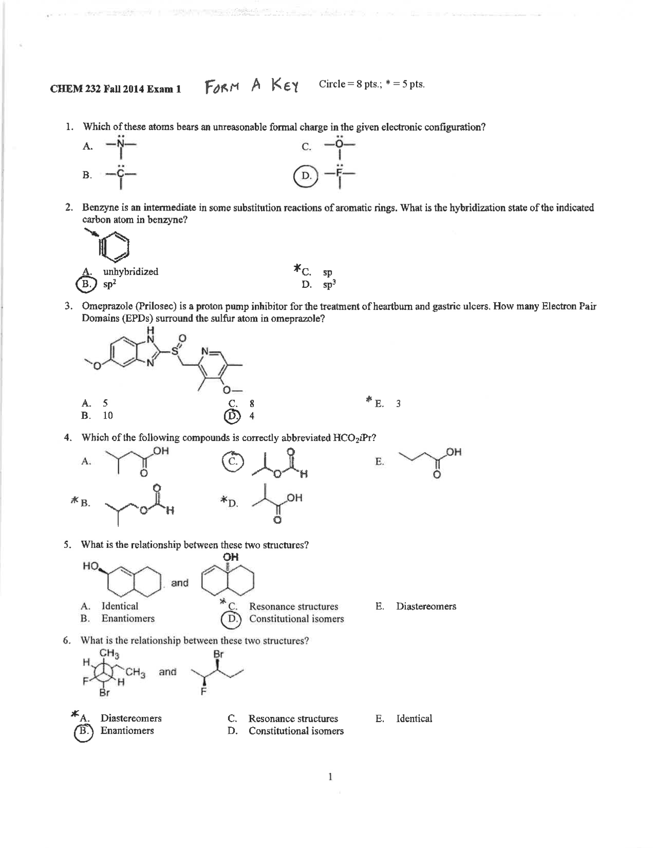 Elementary Organic Chemistry I - Exam 1A with Answer Key | CHEM 232 ...
