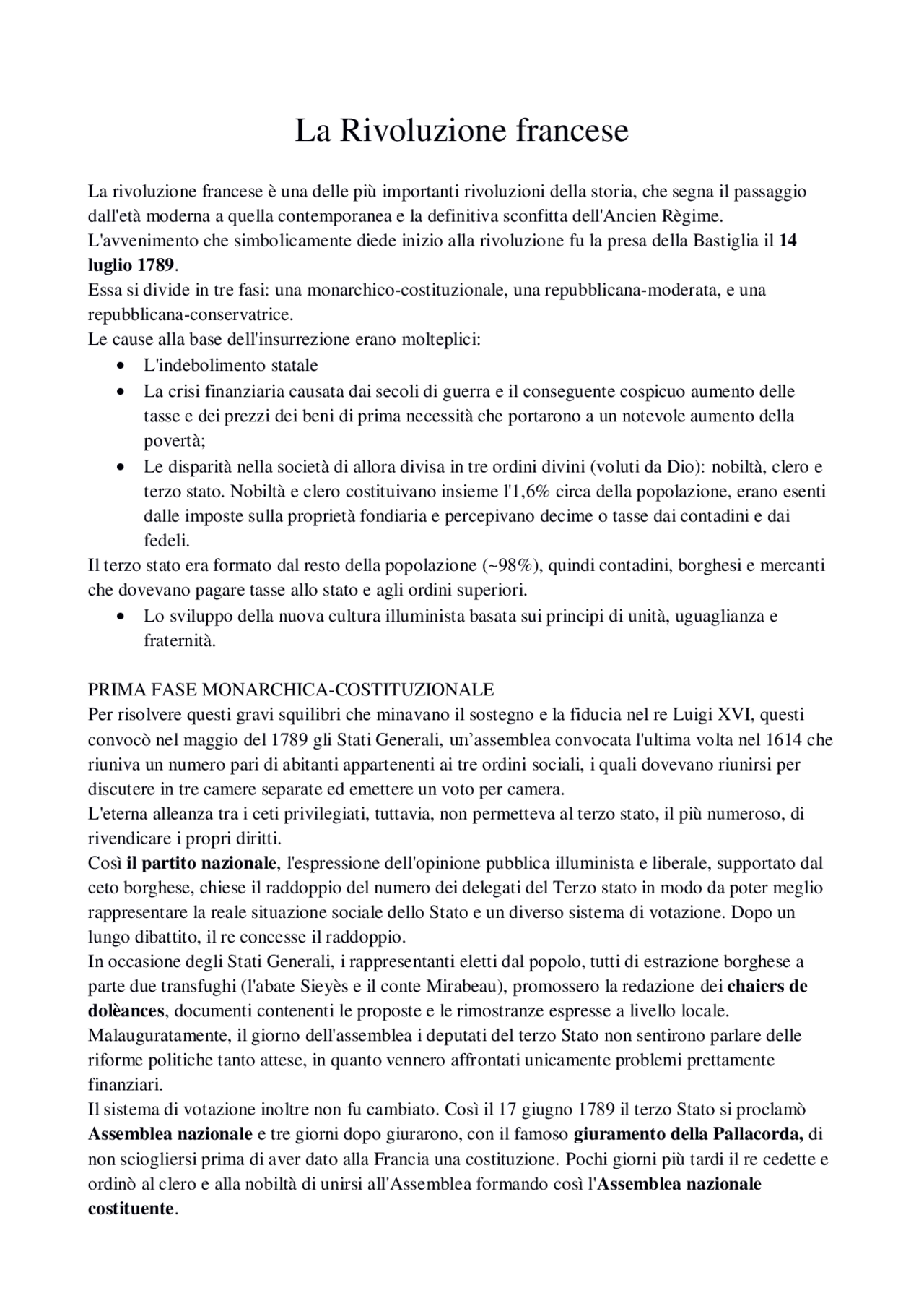 Appunti su Rivoluzione francese e Napoleone Bonaparte - Docsity