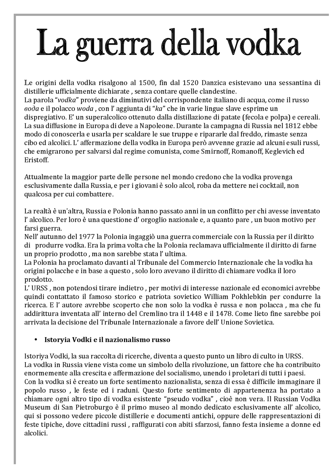 La guerra della vodka - riassunto su produzione russa e polacca dalle ...