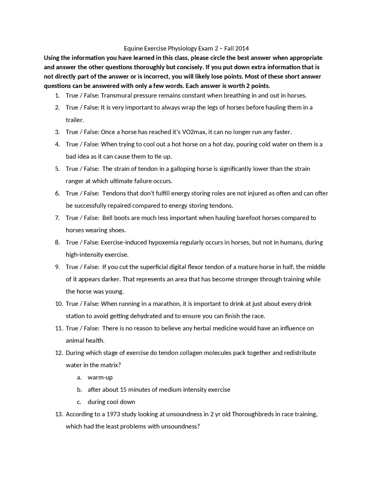 Equine Exercise Physiology Exam 2 | ANS 445 - Docsity
