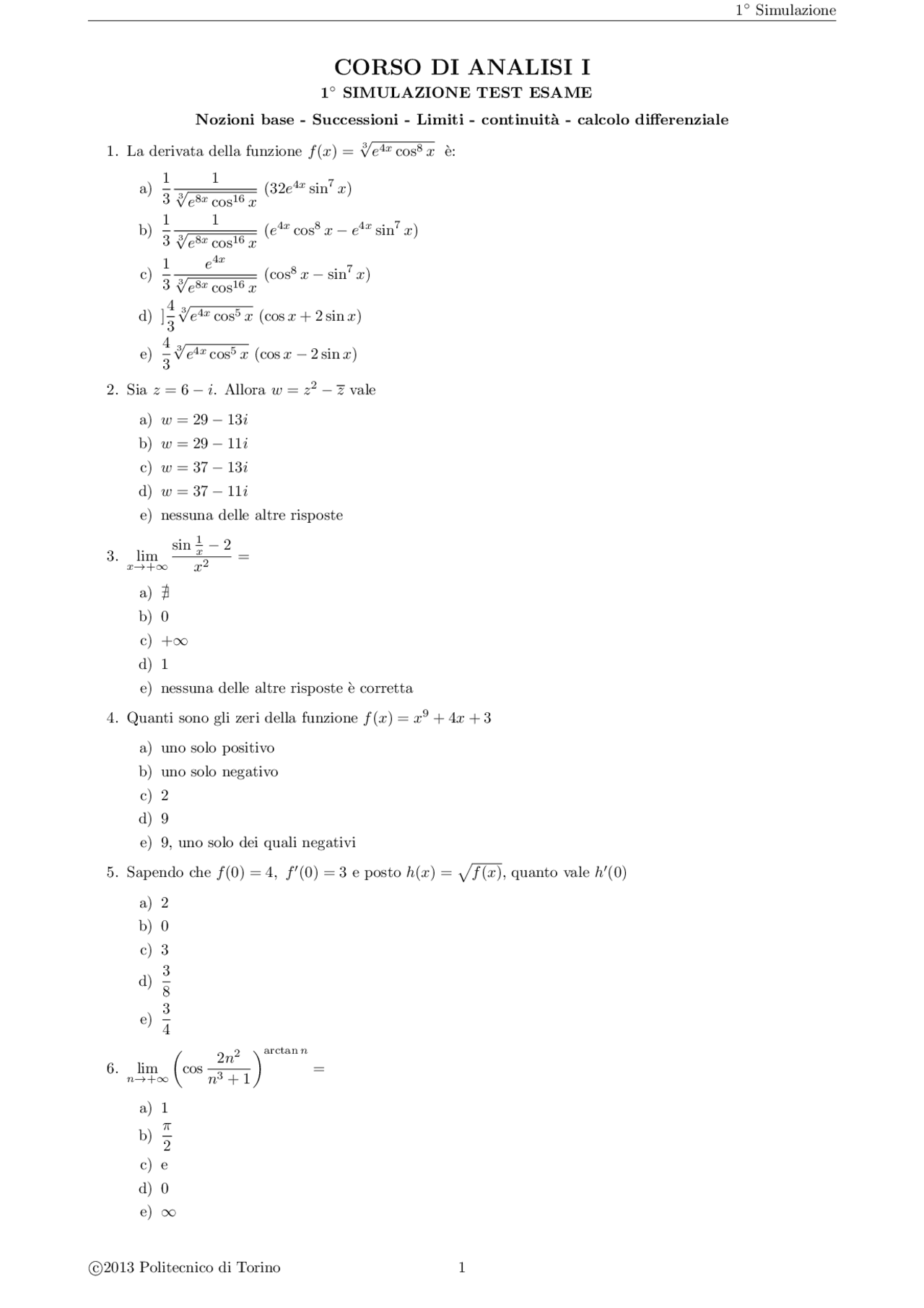 Simulazione 1 Analisi I Docsity