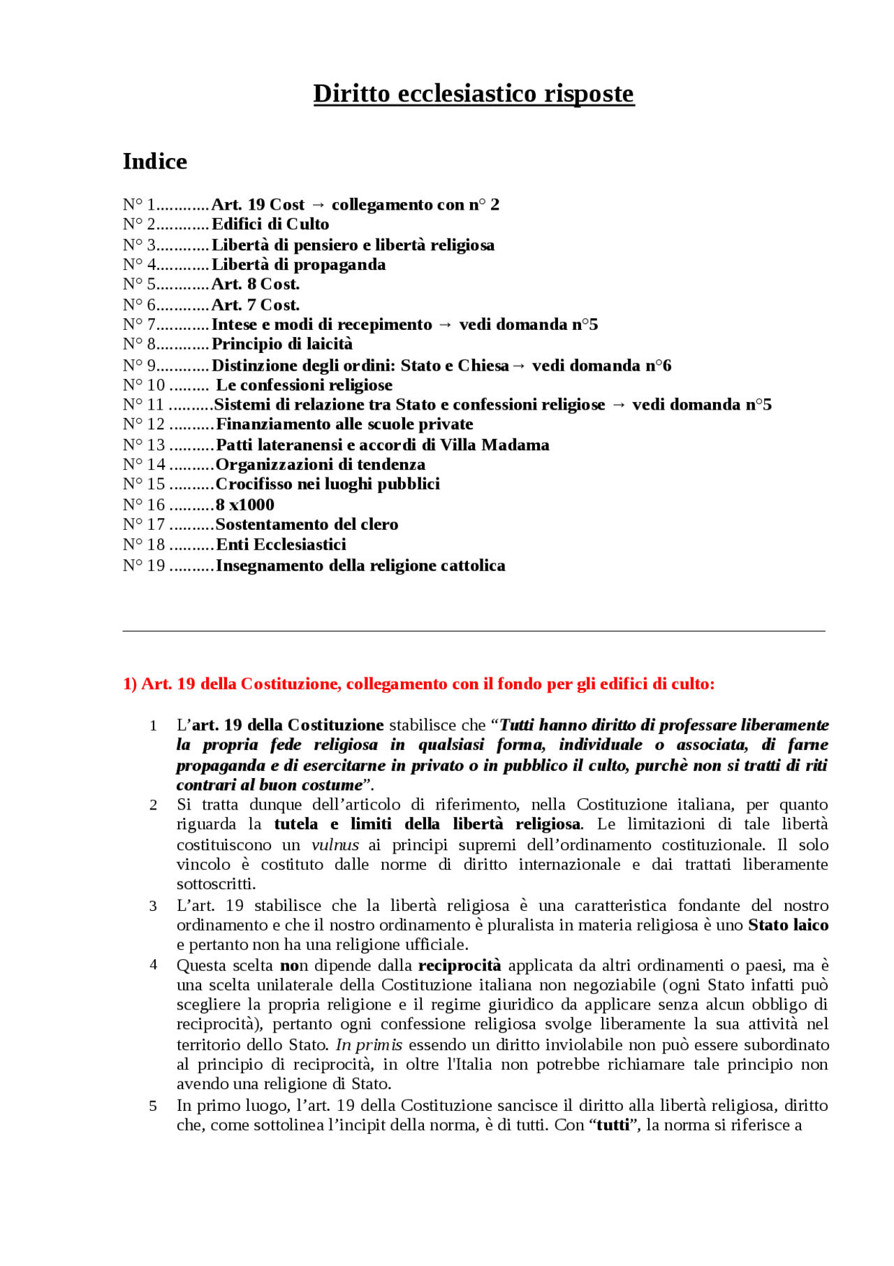 Risposte Diritto Ecclesiastico Prof Cimbalo Docsity