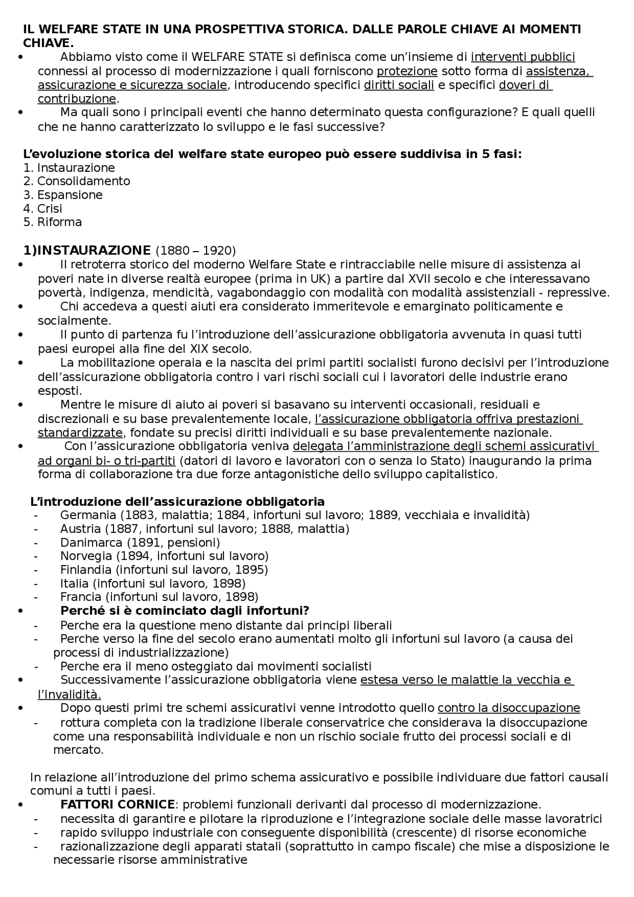 Schemi - Il welfare state in una prospettiva storica - Docsity