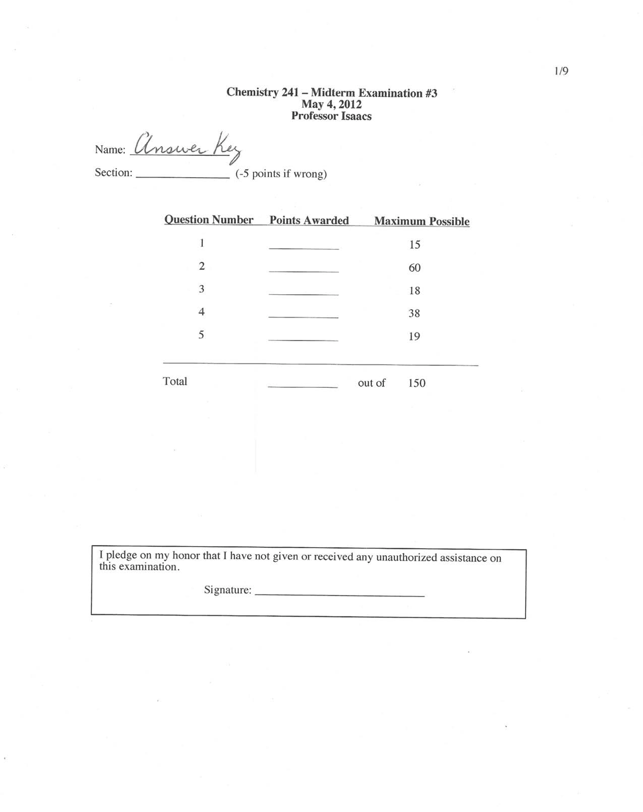 Midterm Exam 3 With Answer Key Organic Chemistry Ii Chem 241 Docsity