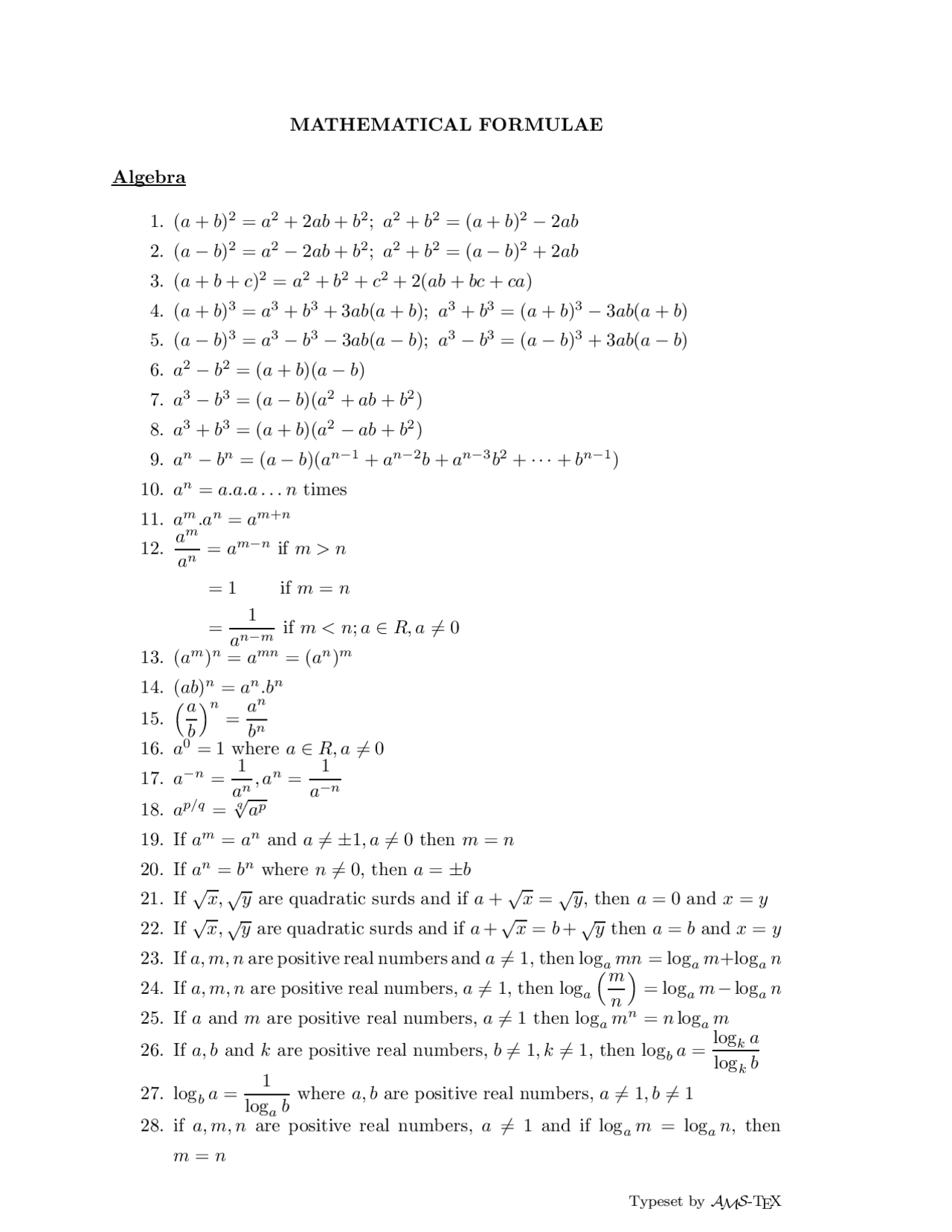 Algebric Formulas Lecture Notes Applied Mathematics Docsity