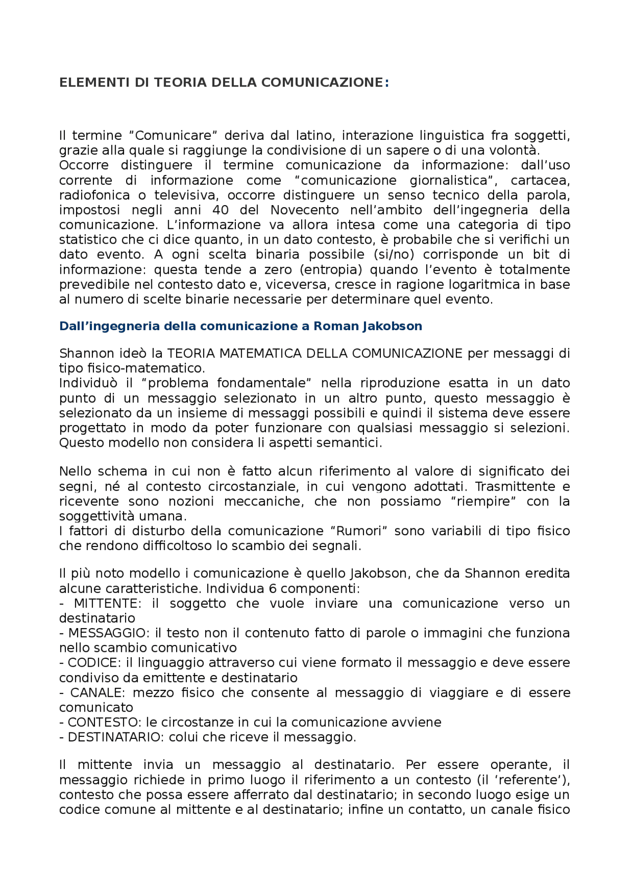 Elementi Di Teoria Della Comunicazione Docsity