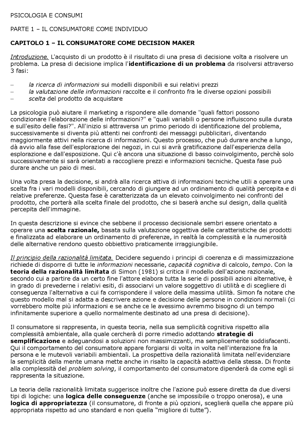Riassunto Manuale Psicologia Dei Consumi Iulm Docsity