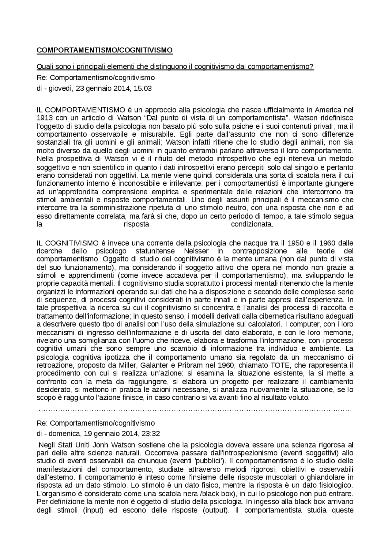 Comportamentismo Cognitivismo Doc Docsity