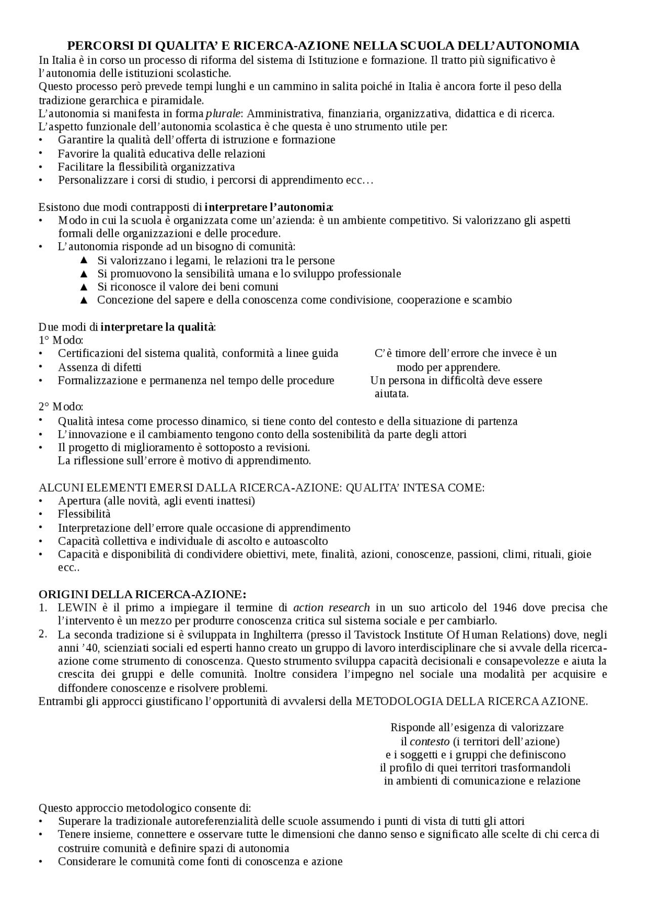 Pratiche Di Qualità E Ricerca Azione Docsity